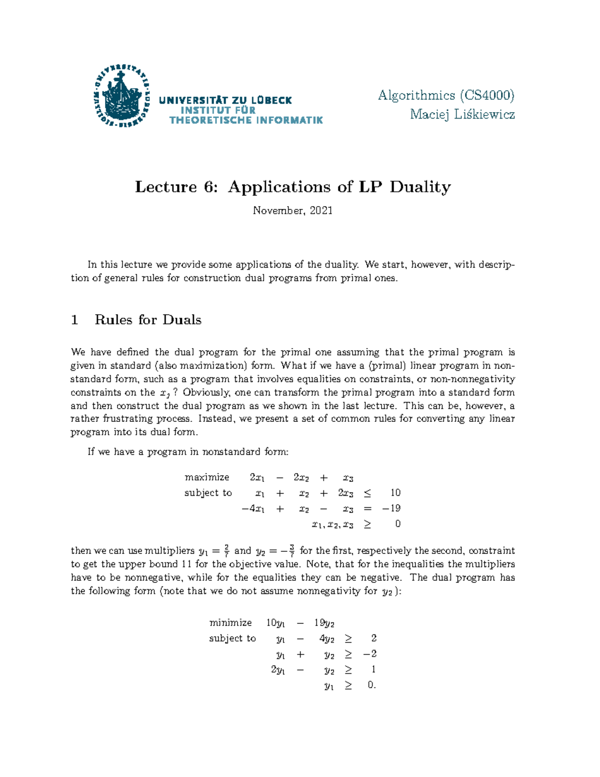 CS4000 Lecture 6: Applications of Linear Programming Duality - Studocu