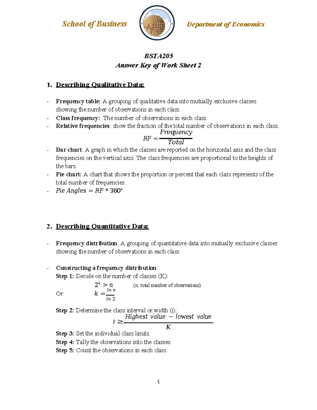 Answer Key - Worksheet 2 for BSTA (Describing Data Concepts) - Studocu