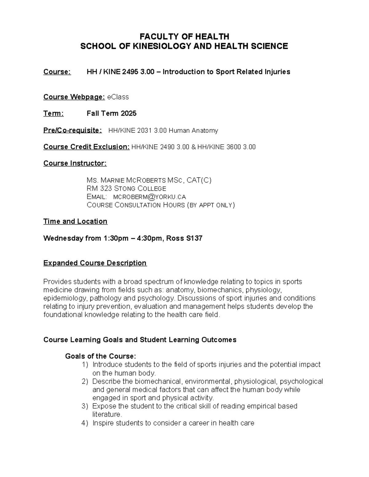 KINE 2495 - Fall 2025 - Introduction to Sport Injuries Course Outline ...
