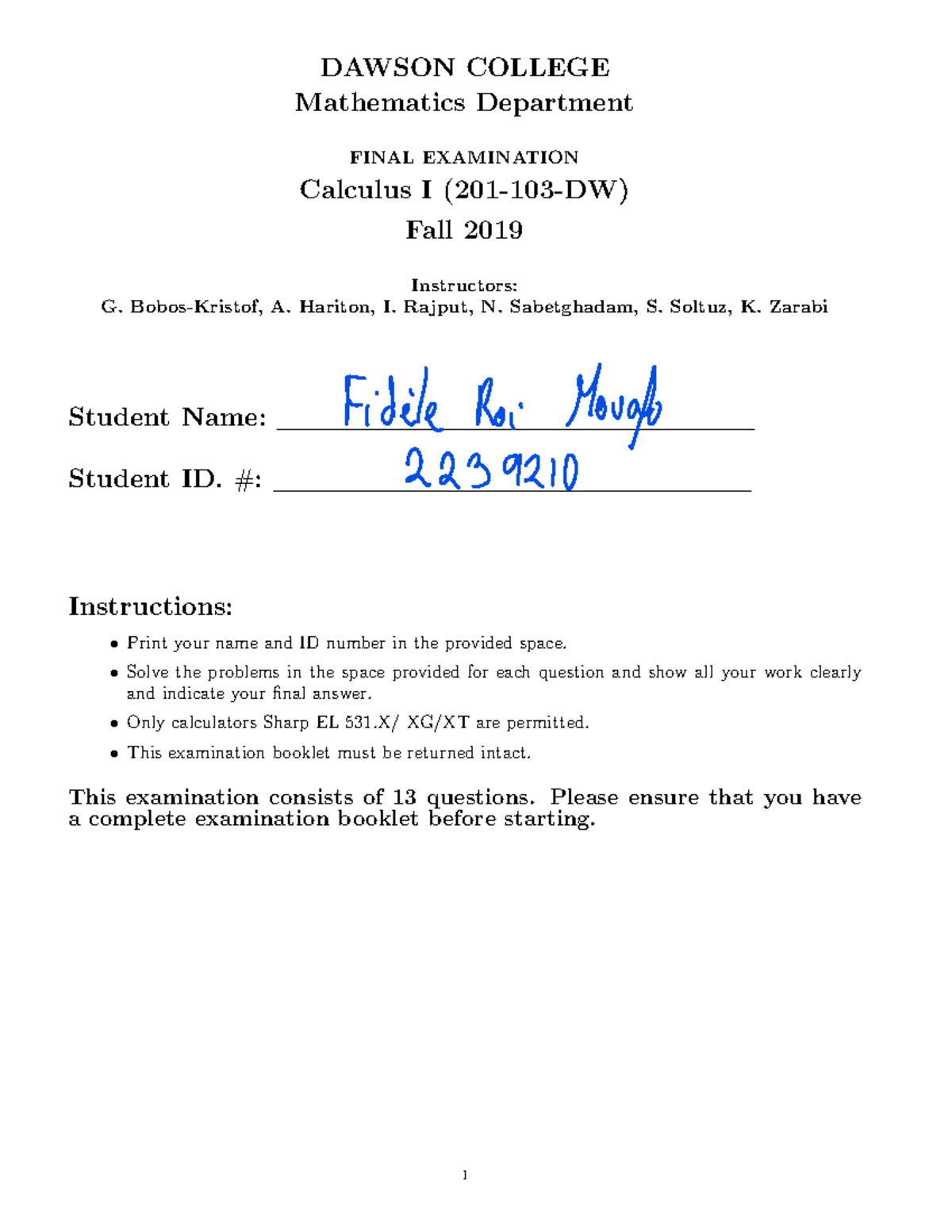 Final Exam Practice: Calculus I (201-103-DW) Fall 2019 - Studocu