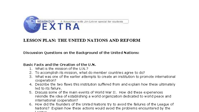 LESSON PLAN: DISCUSSION Qs on U.N. Background & Reform - Studocu