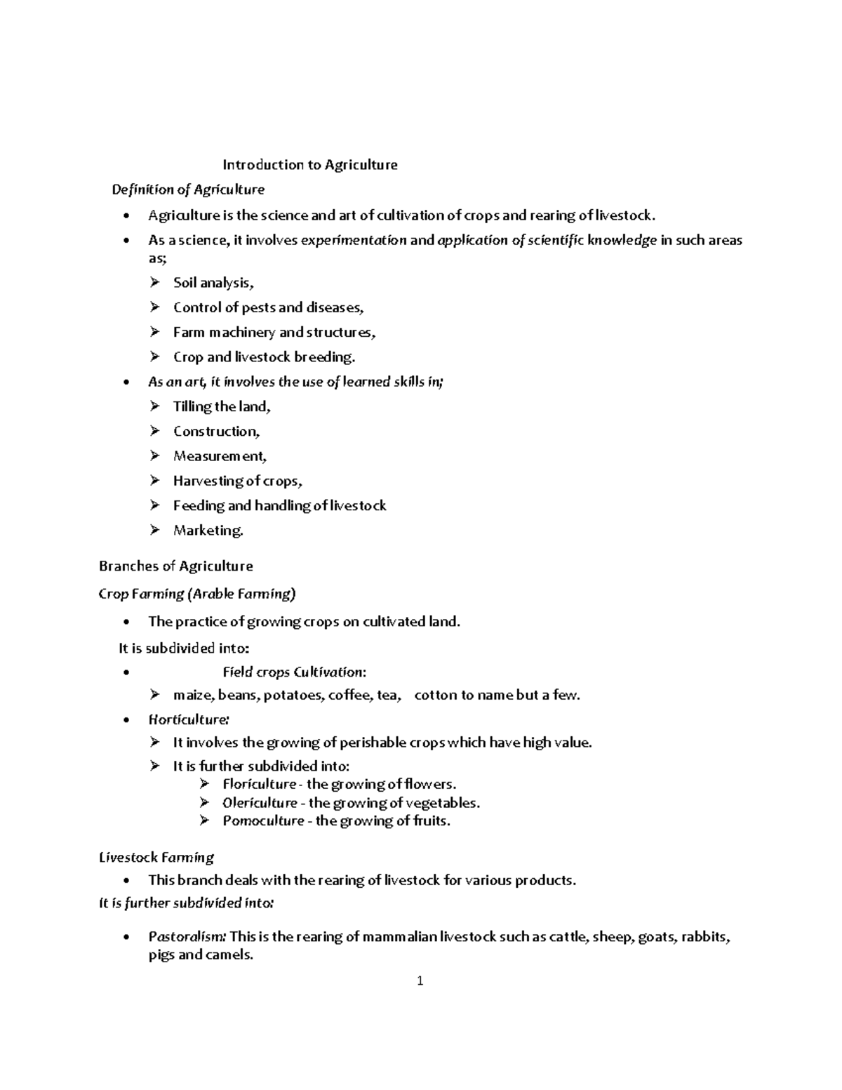 Agriculture Overview: Key Concepts and Branches (FORM 1-4) - Studocu