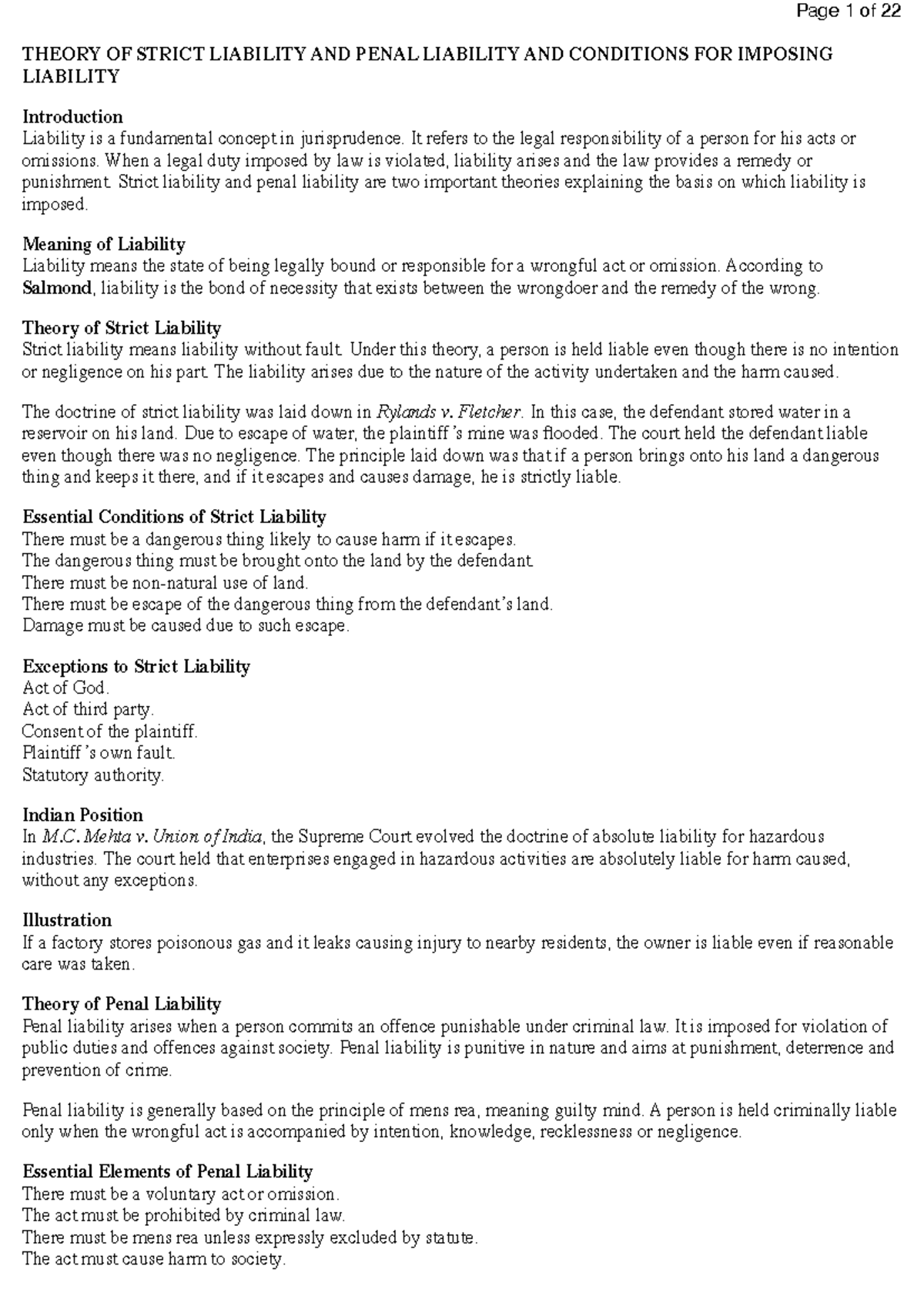 Jurisprudence Unit 5: Summary of Liability Theories and Legal ...