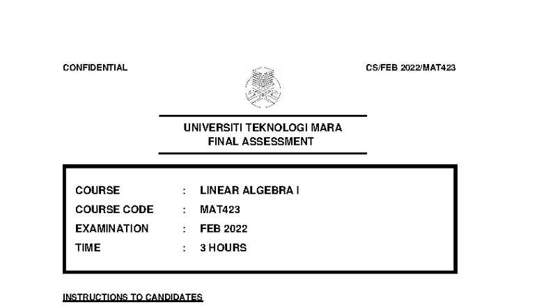 MAT423 Final Assessment: Linear Algebra I Exam Feb 2022 - Studocu