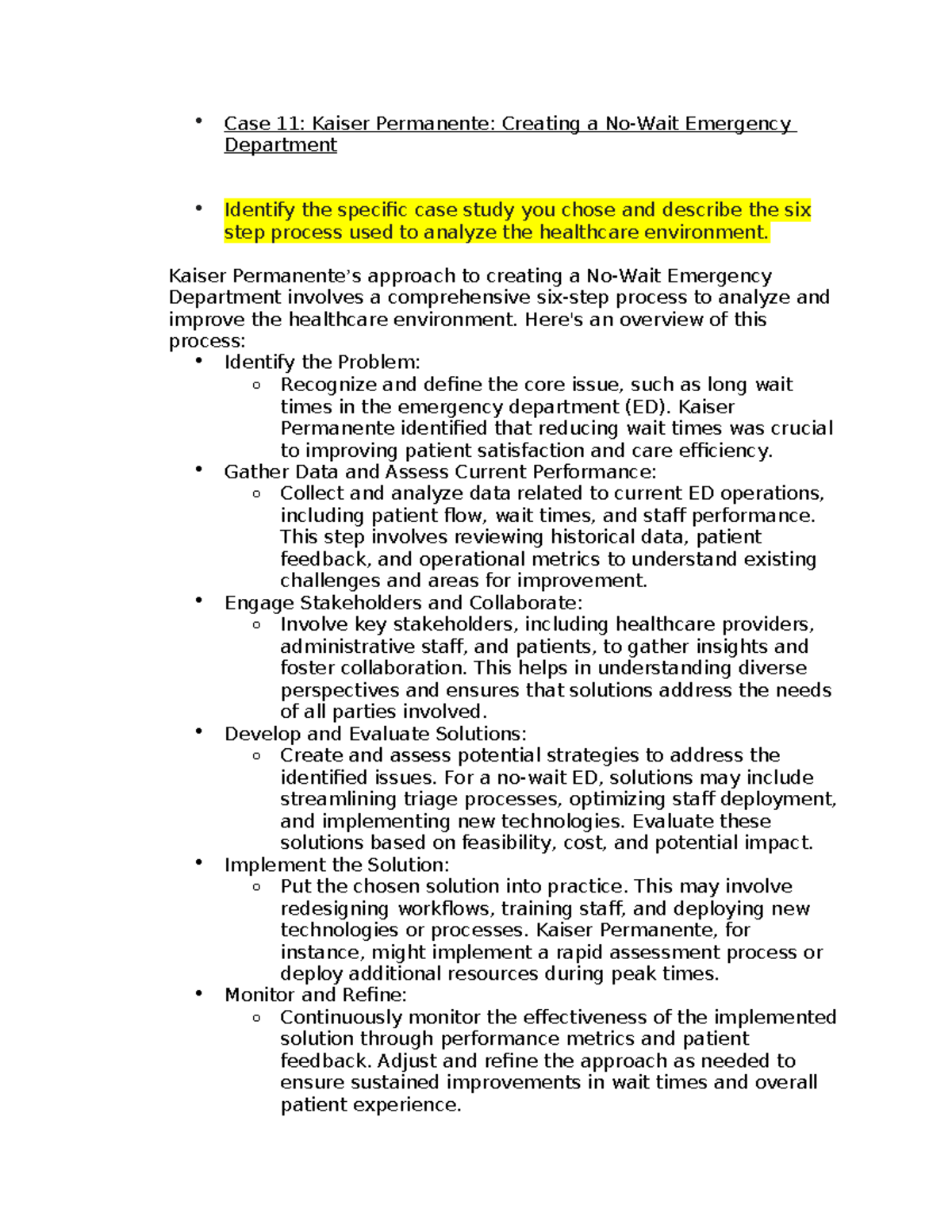 HCM415 Week 1-2 Case Study: Kaiser Permanente's No-Wait ED Strategy - Studocu