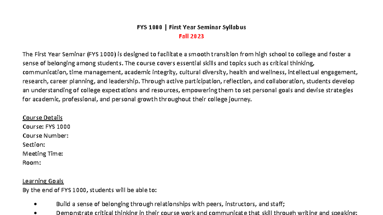 FYS 101 First Year Seminar Syllabus - Fall 2023 Overview - Studocu