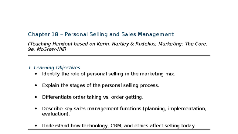 Chapter 18 - Personal Selling & Sales Management Overview (Marketing ...