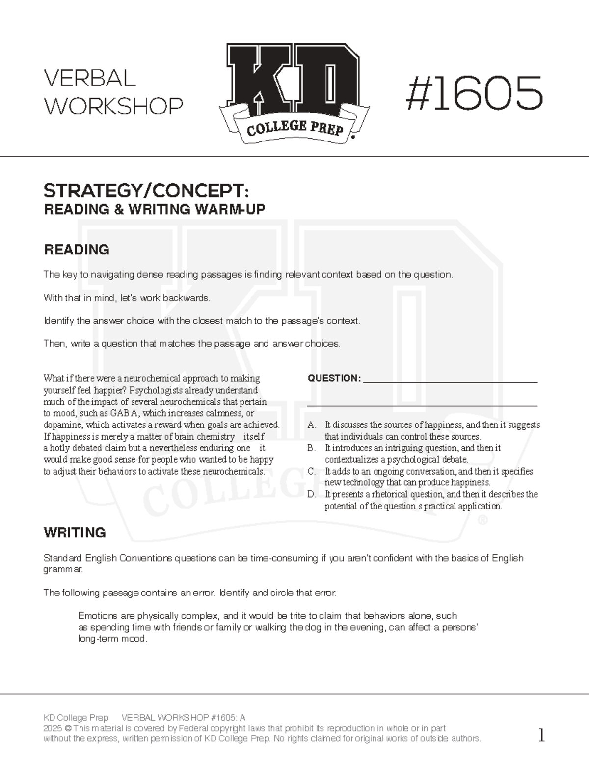 Verbal 1605 ver A - SAT TEST PREP - KD College Prep — VERBAL WORKSHOP ...