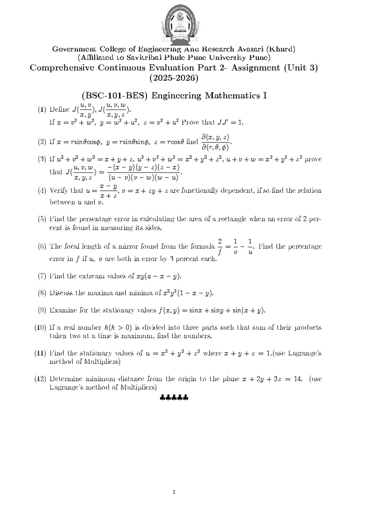 CCE Part 2 Assignment Unit 3: Engineering Mathematics I Concepts - Studocu