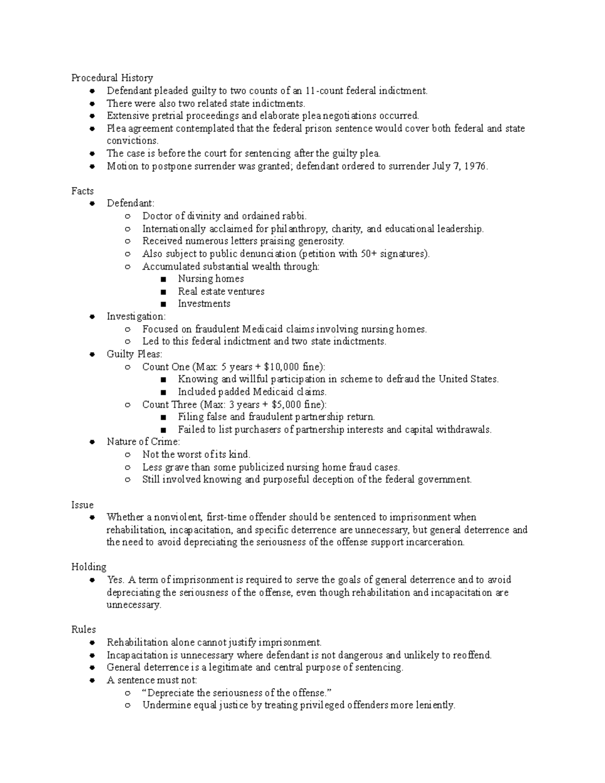 US v Bergman: Case Brief on Sentencing and Deterrence Issues - Studocu