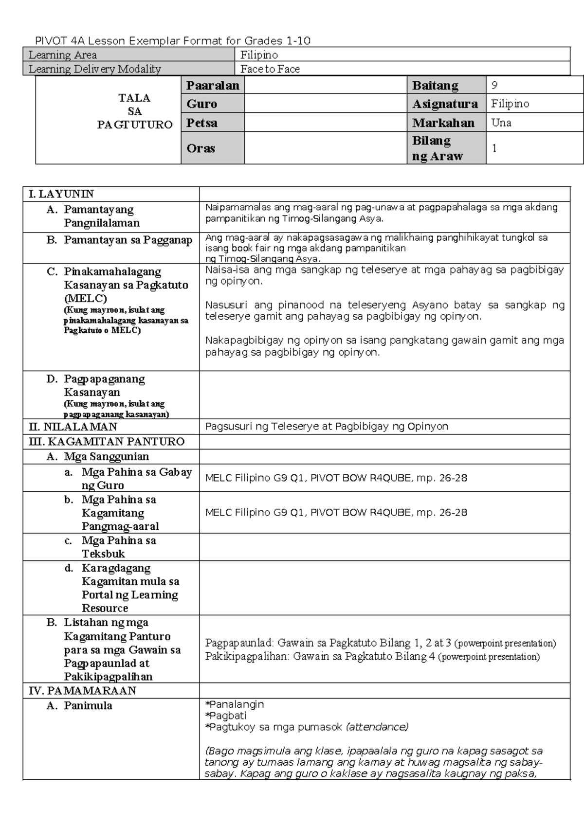 Filipino DLP - Learning Area Filipino Learning Delivery Modality Face ...