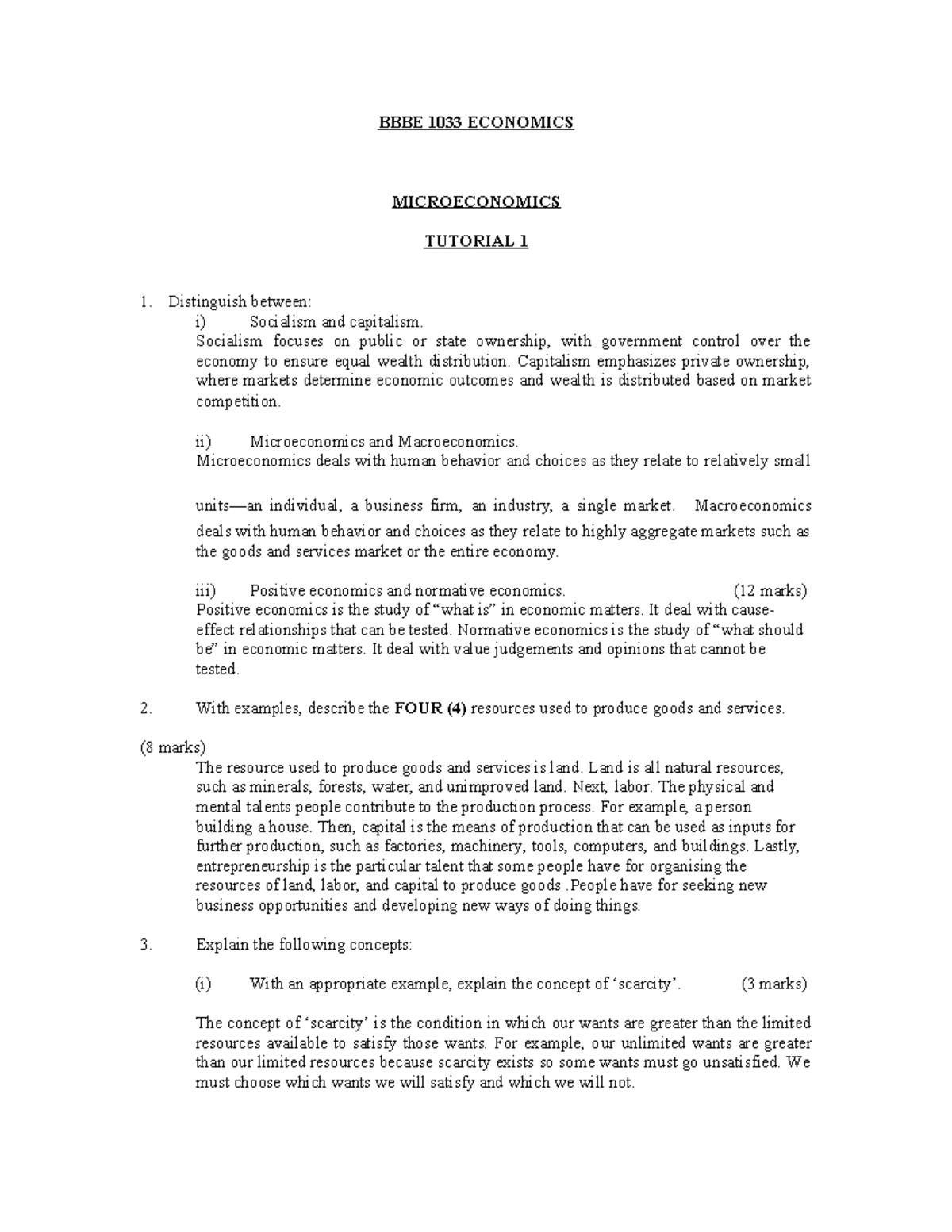 Tutorial 1 Introduction - BBBE 1033 ECONOMICS MICROECONOMICS TUTORIAL 1 ...