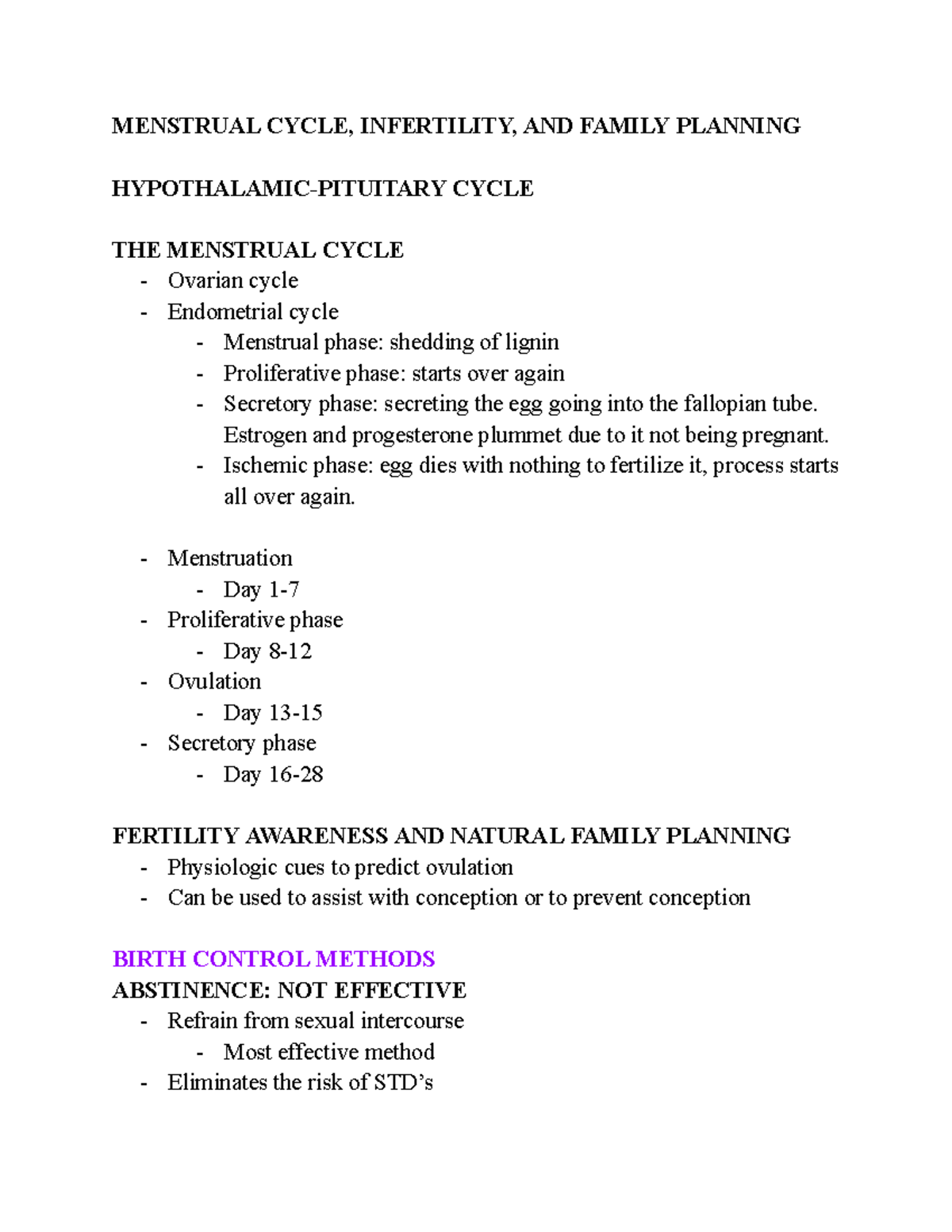 Maternity Exam 1: Menstrual Cycle, Infertility & Family Planning - Studocu