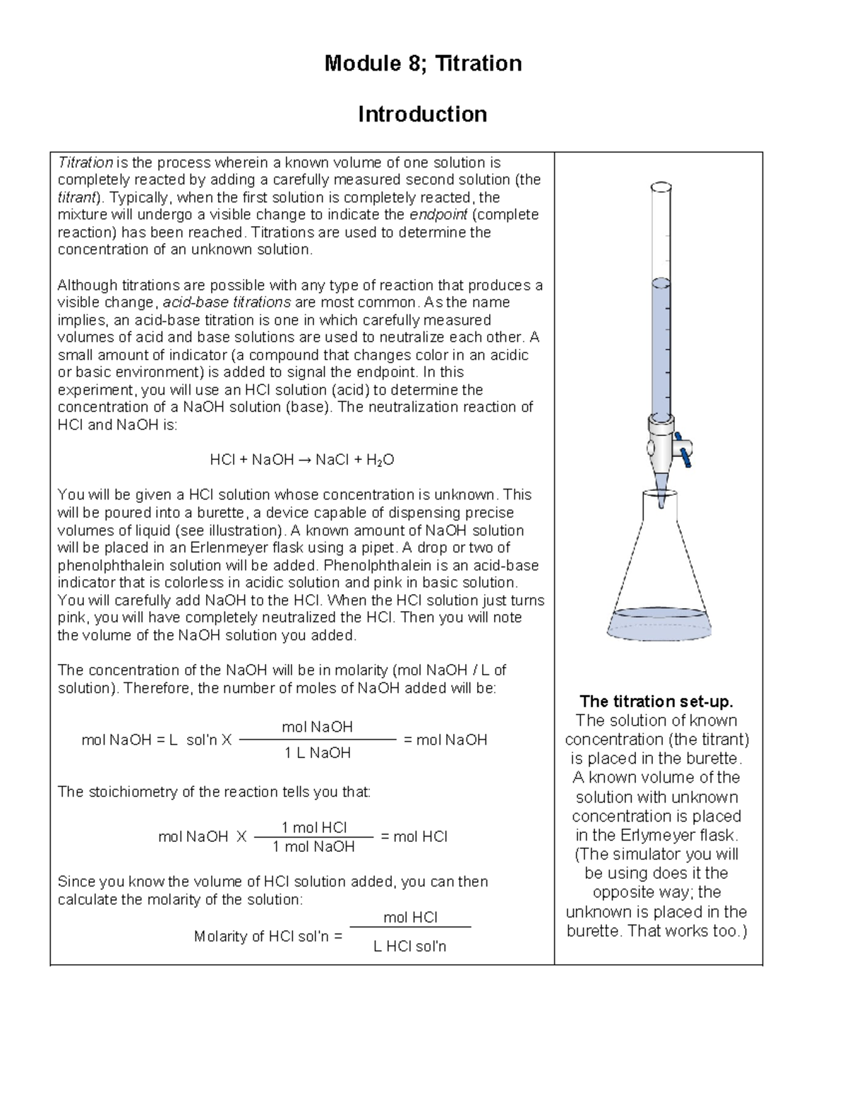 Module 8 Titration - tiration - Module 8; Titration Introduction Titration is the process ...