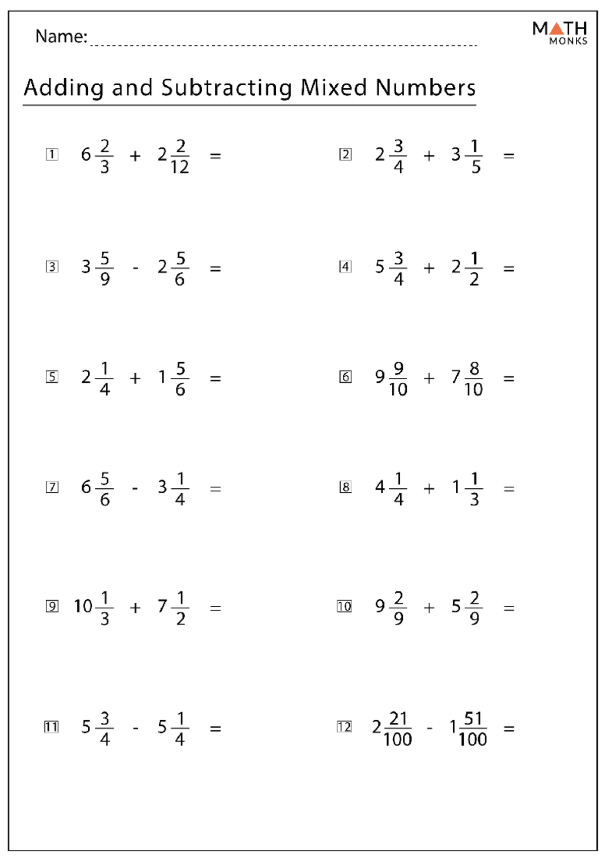 MATH MONKS: Adding & Subtracting Mixed Numbers Worksheet - Studocu