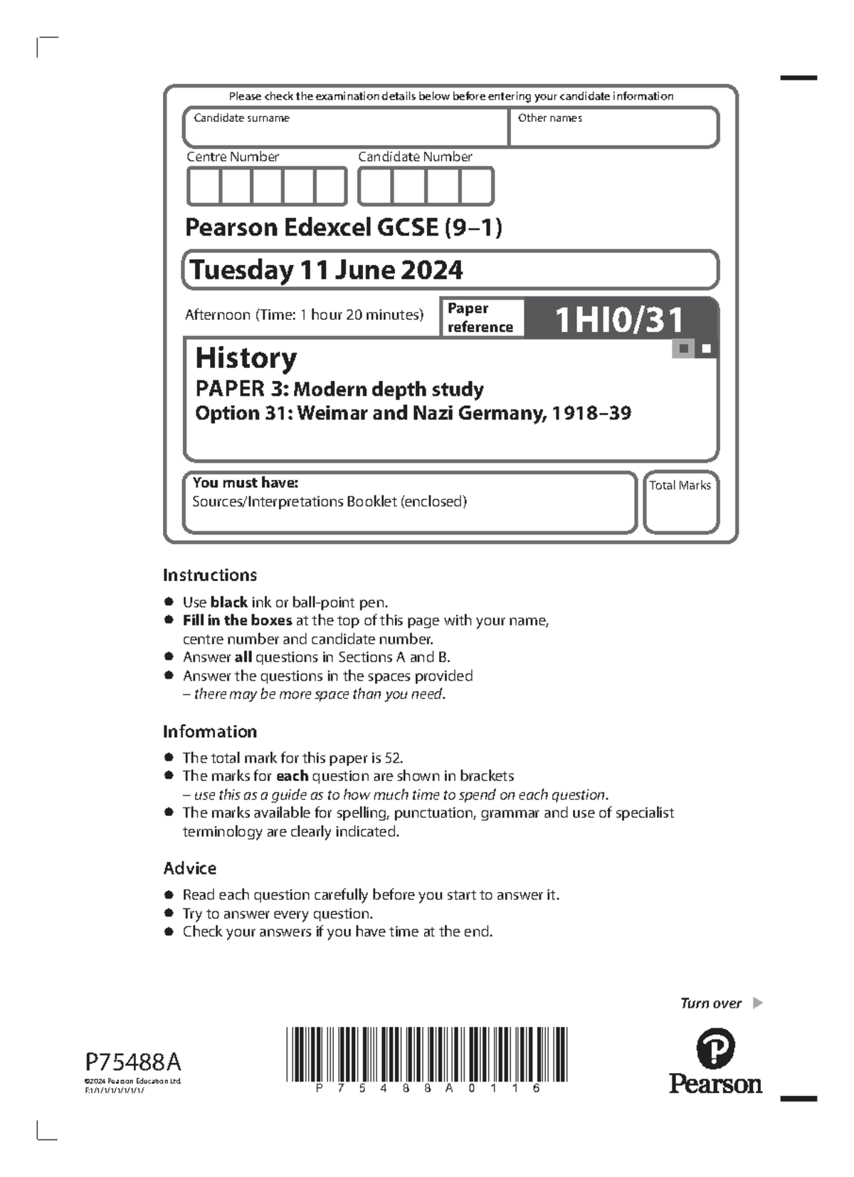 GCSE History PAPER 3: Weimar and Nazi Germany Exam Instructions - Studocu