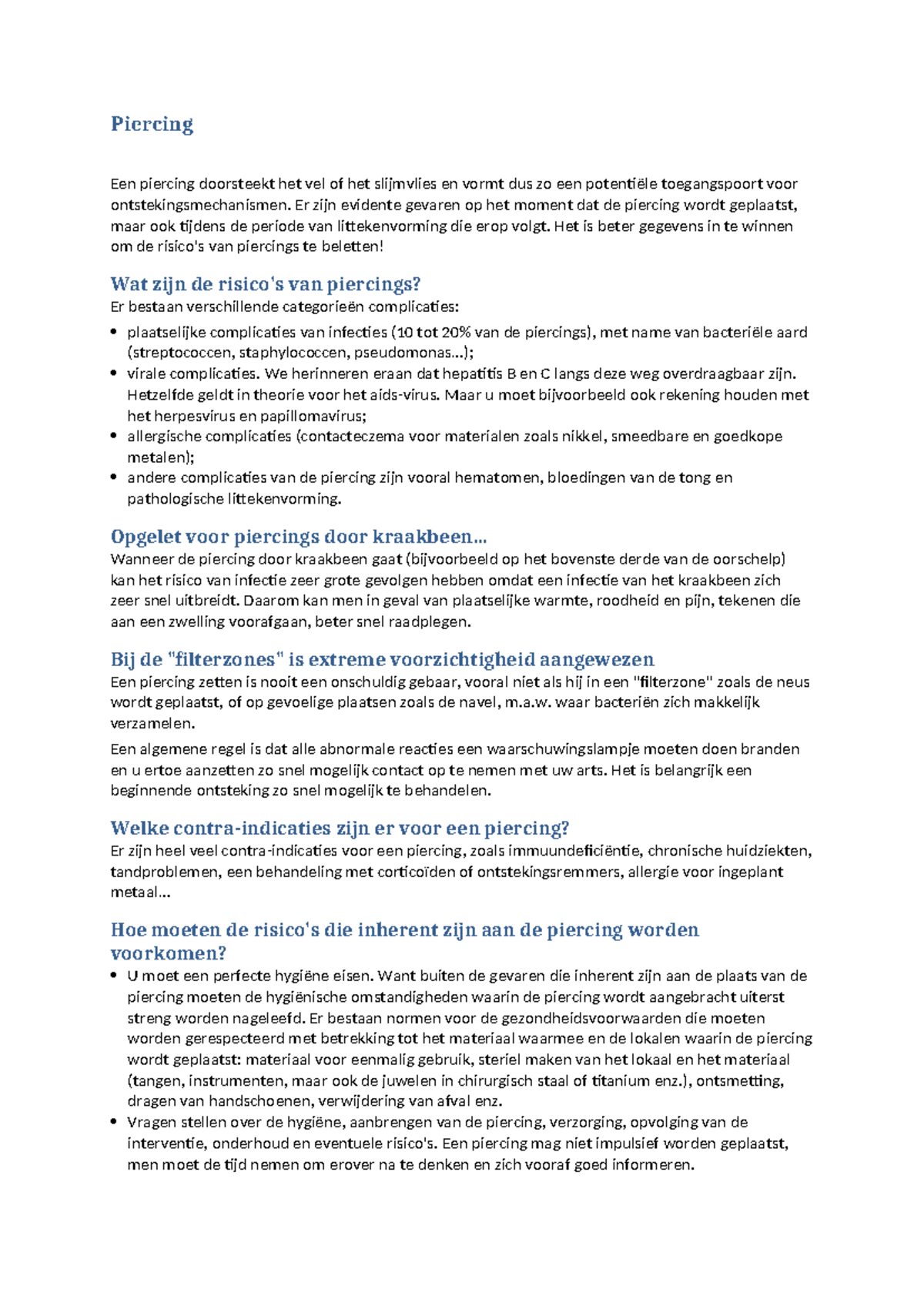 Piercing - Complicaties en Hygiëne Overwegingen - Studocu