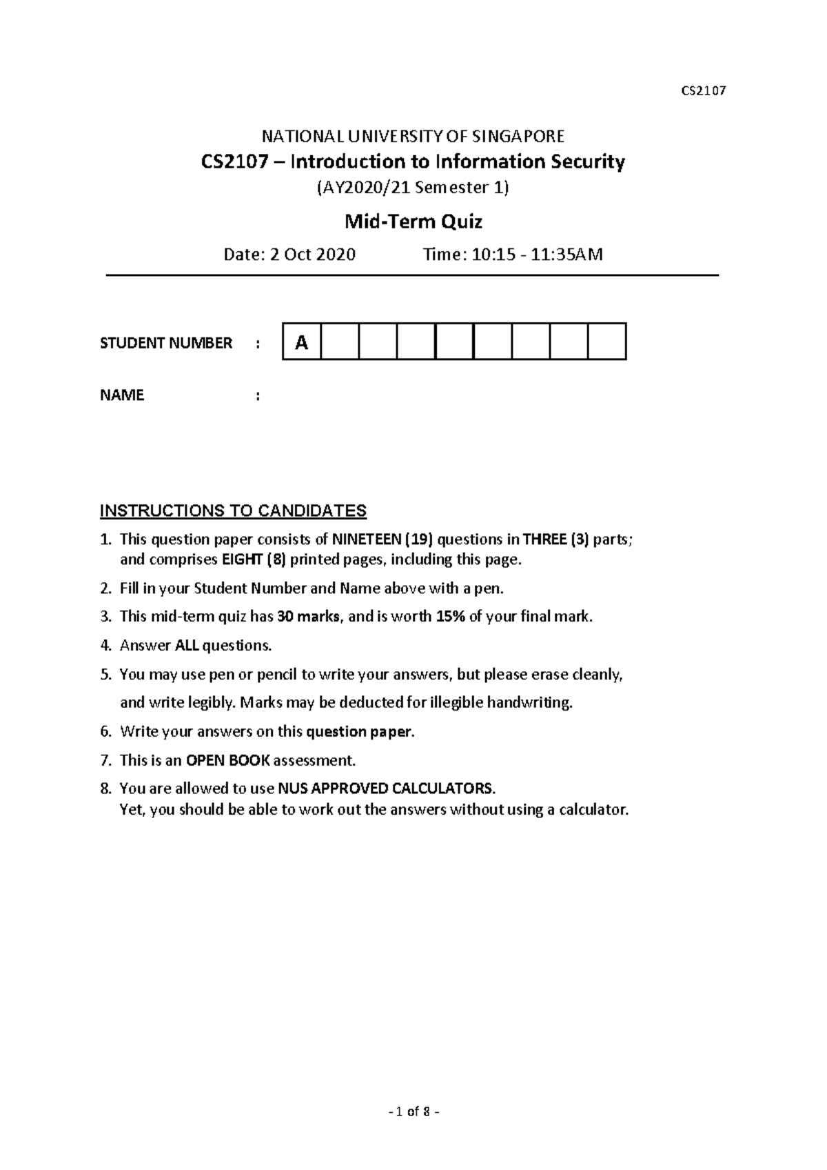CS2107 AY2021 S1 Midterm Quiz Answers on Information Security - Studocu