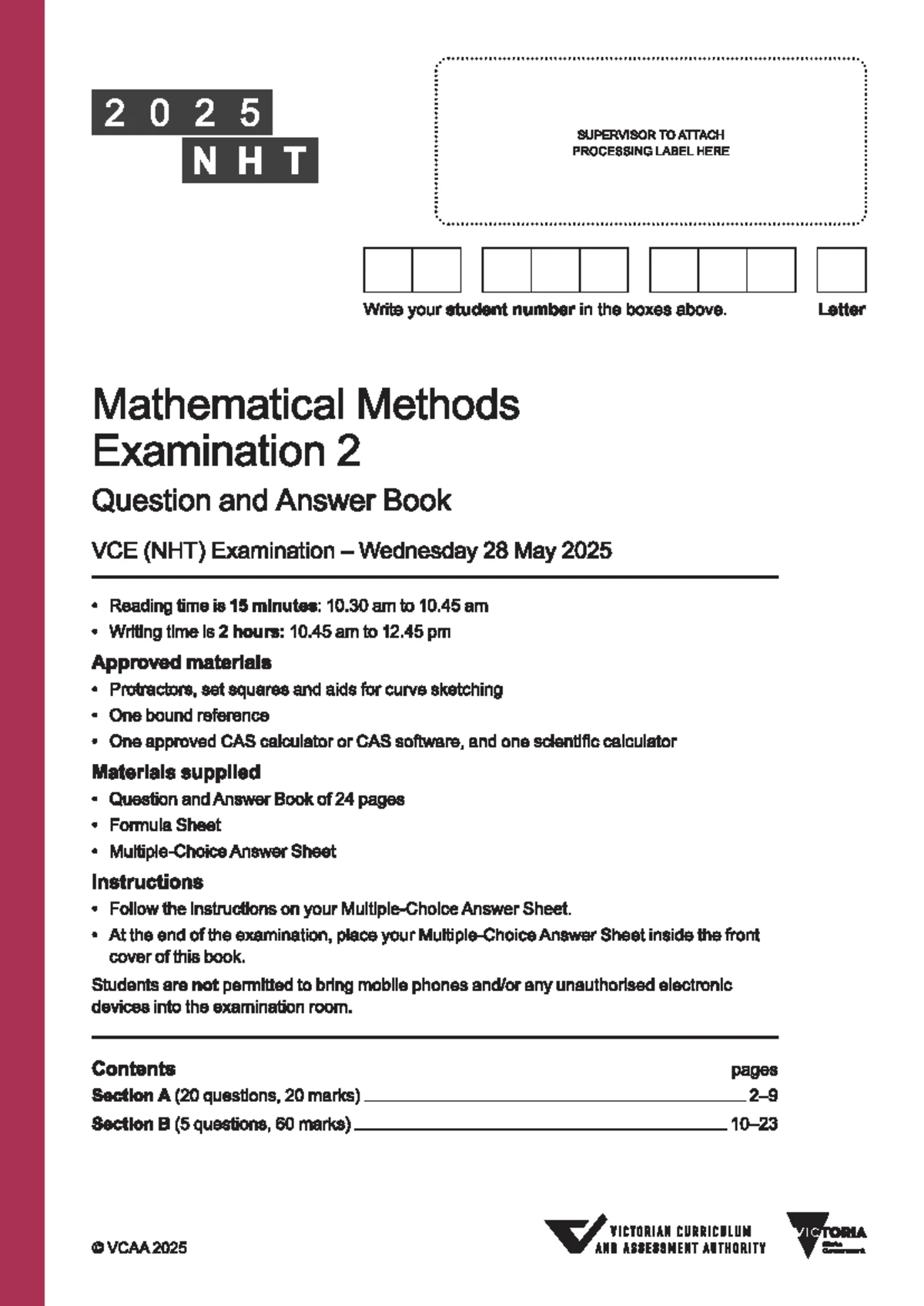 2025 VCE (NHT) General Mathematics Exam 1 Question Book - Studocu