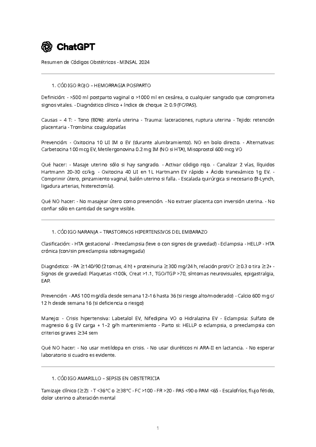 Resumen de Códigos Obstétricos MINSAL 2024: Hemorragia y HTA - Studocu