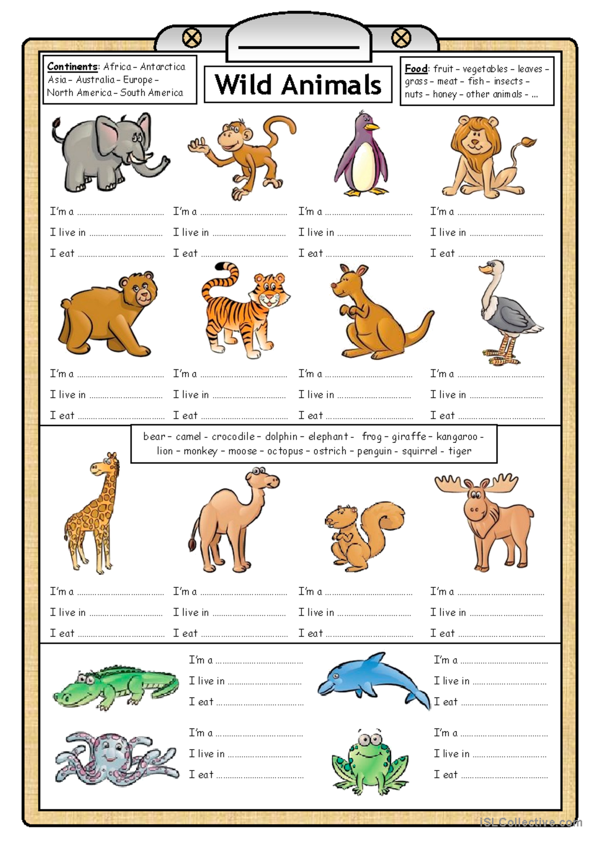 Wild Animals - Reading & Writing worksheet - bear – camel - crocodile ...