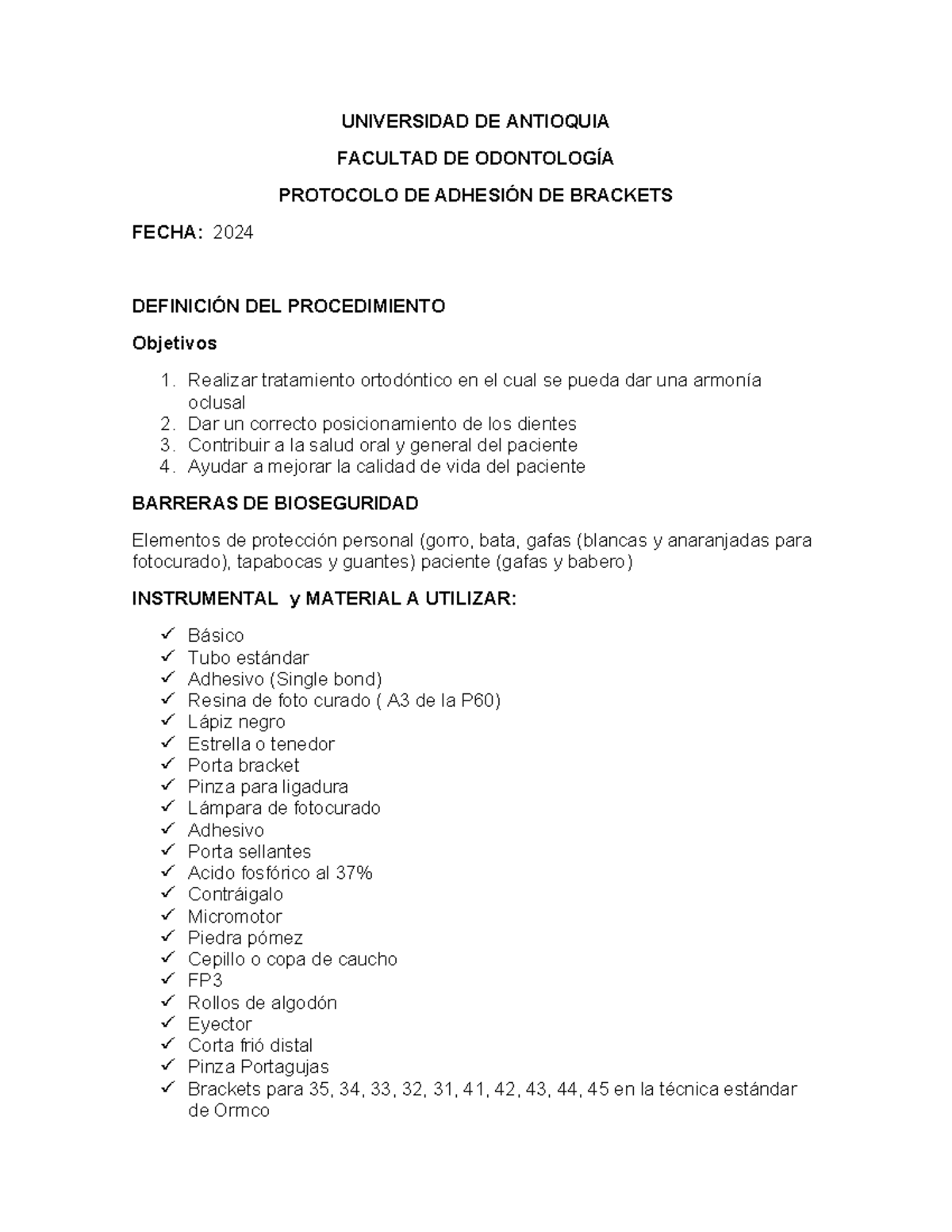 Protocolo de Adhesión de Brackets - Facultad de Odontología UdeA - Studocu