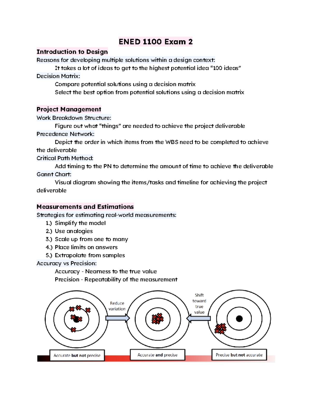 ENED 1100 Exam 2 Study Guide: Design, Management, & Excel Insights - Studocu