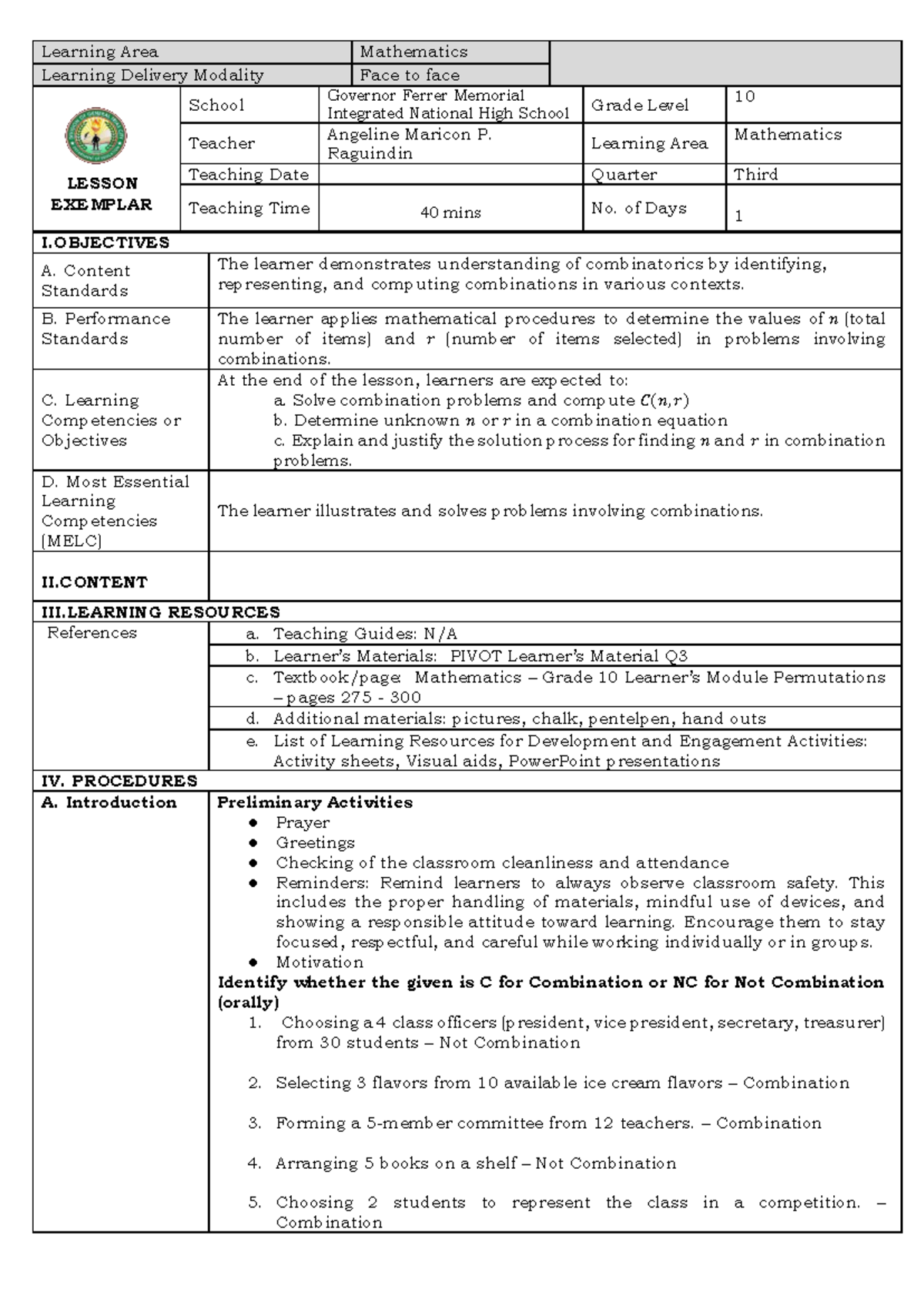 Mathematics Lesson Exemplar: Combinations (Grade 10) - Studocu