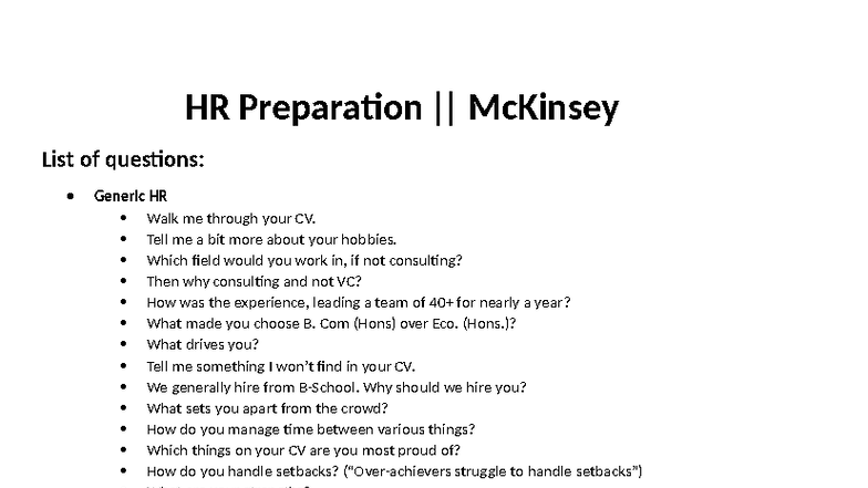 HR Interview Prep Questions for McKinsey - Studocu