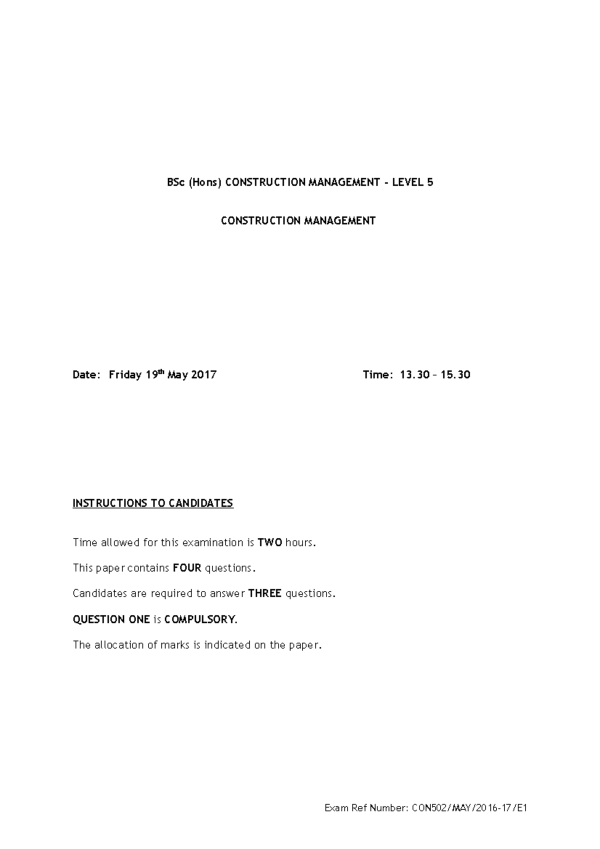 Construction Management Exam 2017: Level 5 Questions - CON502 - Studocu