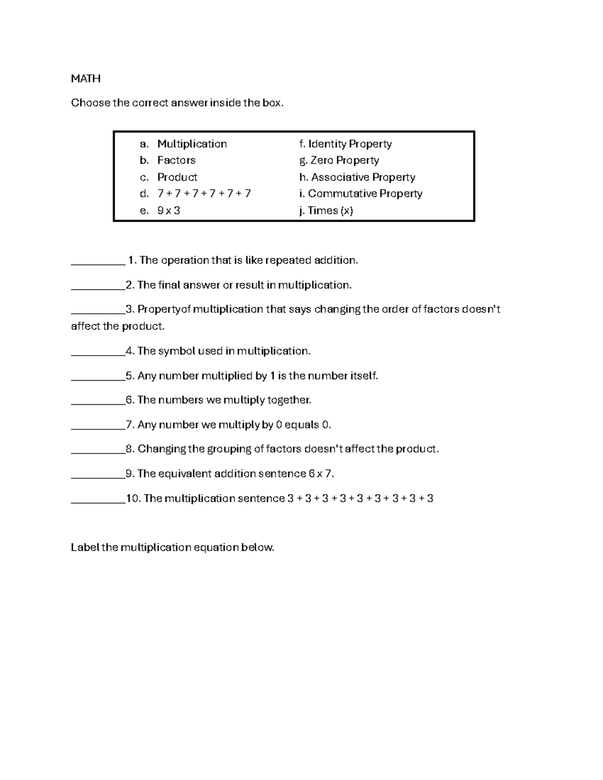 MATH - Reviewee for Math 3: Multiplication Concepts and Properties ...