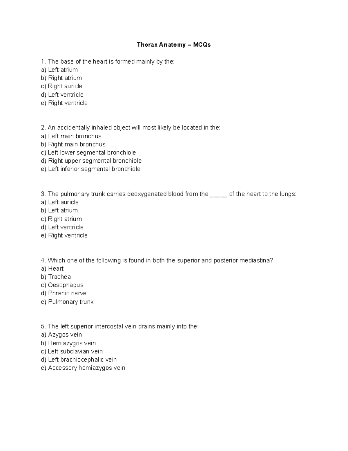 Anatomy MCQ Bank: Thorax Focus (Course Code: ANAT101) - Studocu