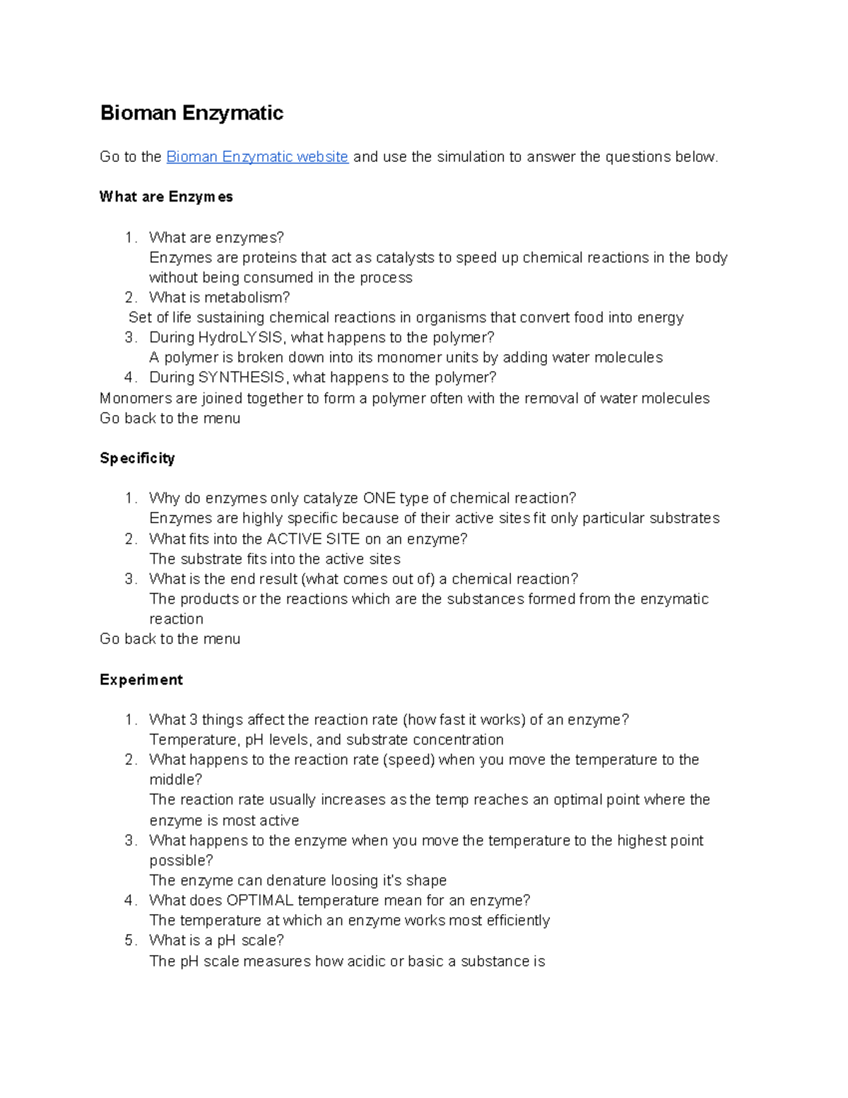 Bioman Enzymatic Interactive Simulation Worksheet - 1 Guide - Studocu
