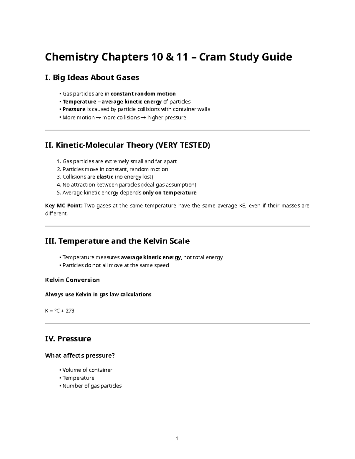 Chemistry 10 & 11 Cram Study Guide: Key Concepts on Gases - Studocu