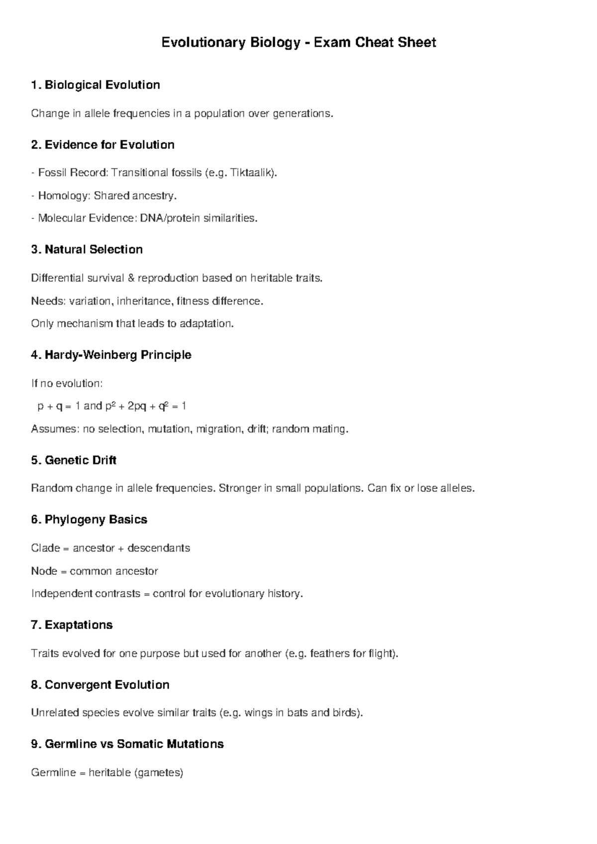 Evolutionary Biology Exam Cheat Sheet: Key Concepts & Evidence - Studocu