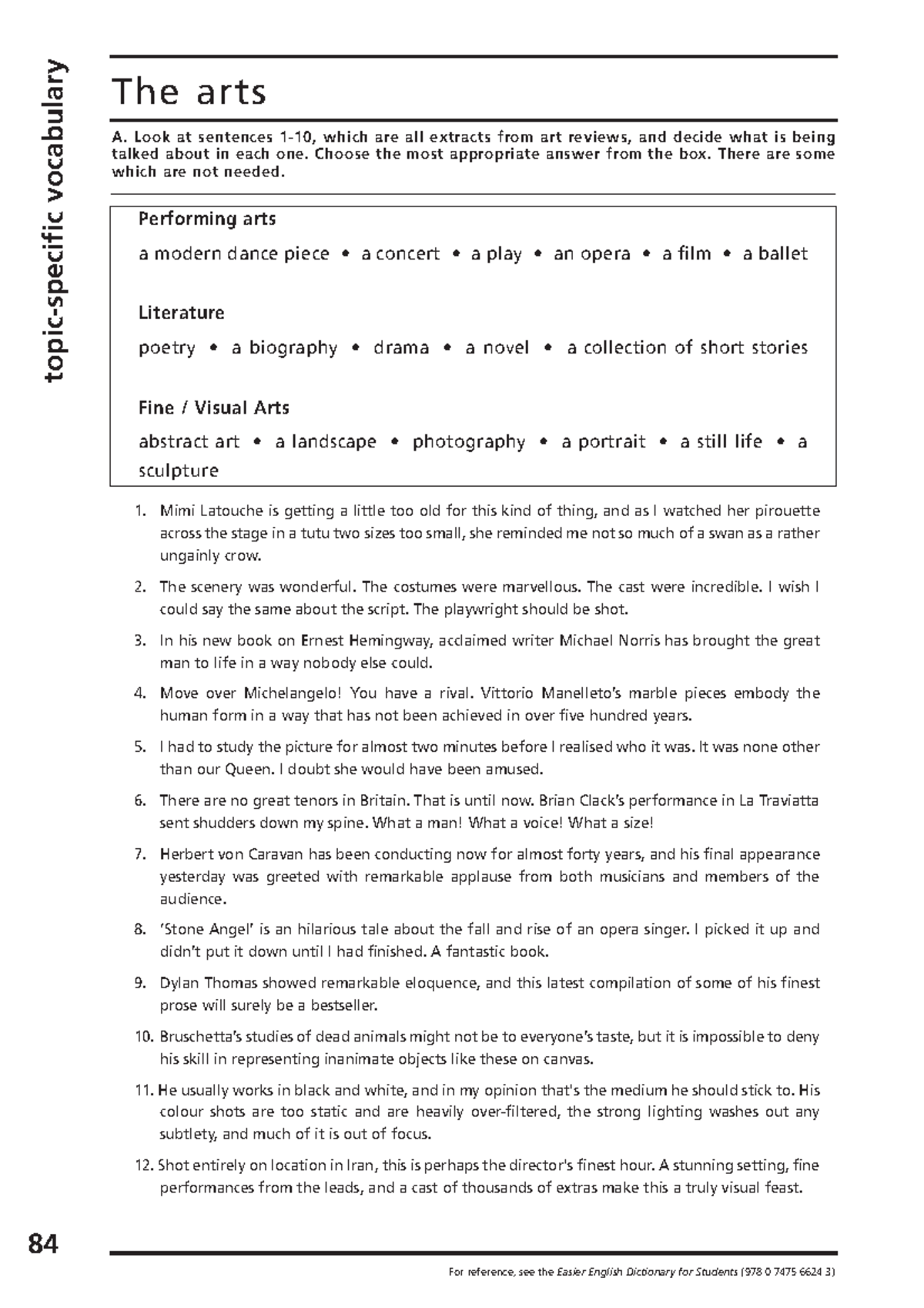 Arts Vocab - Words - topic-specific vocabulary 84 The arts A. Look at ...