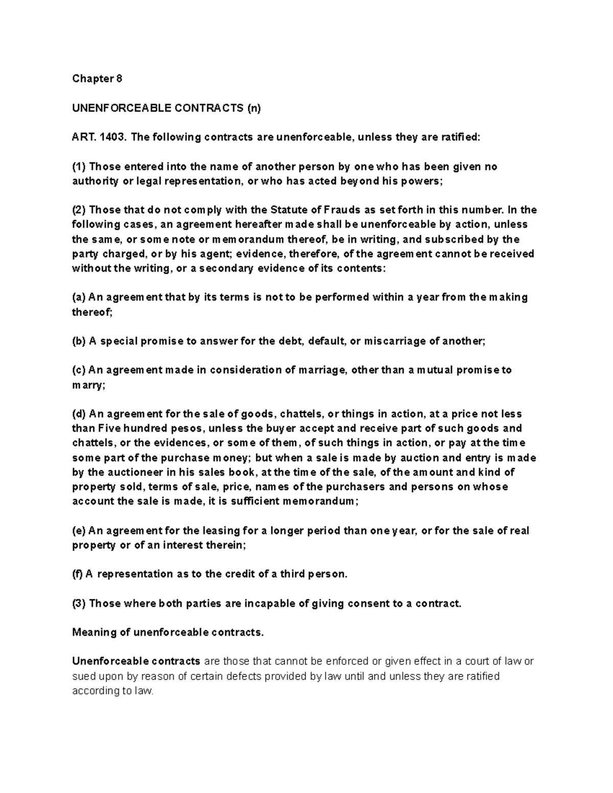 Chapter 8 - Unenforceable Contracts (n) ART. 1403 Overview - Studocu