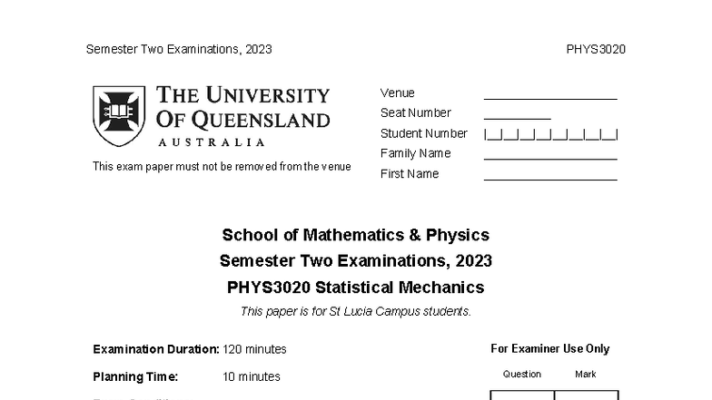 Semester Two Examinations 2023 PHYS3020 Statistical Mechanics Exam ...