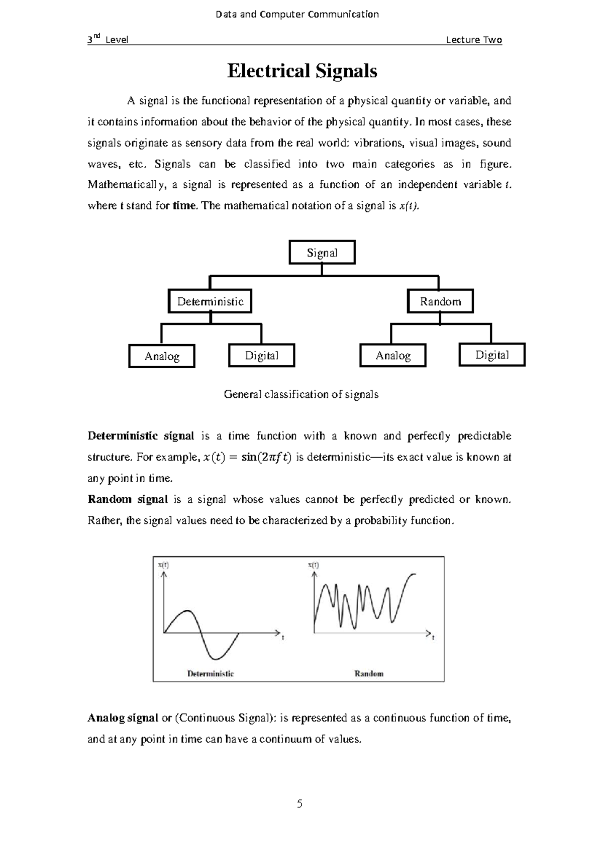 Data and Computer Communication 3rd Level Lecture 2: Electrical Signals ...
