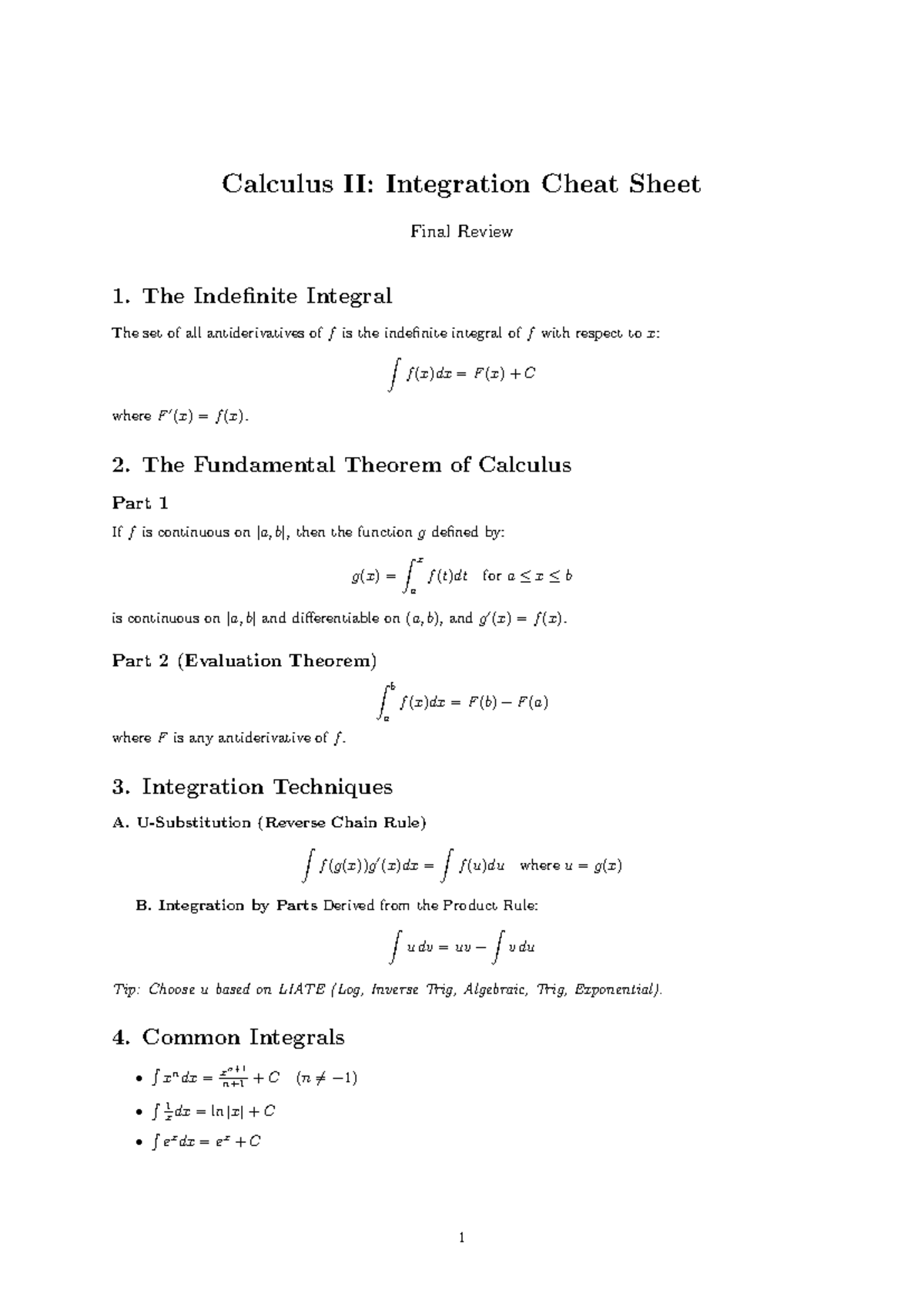 Calculus II: Integration Cheat Sheet Final Review - Studocu
