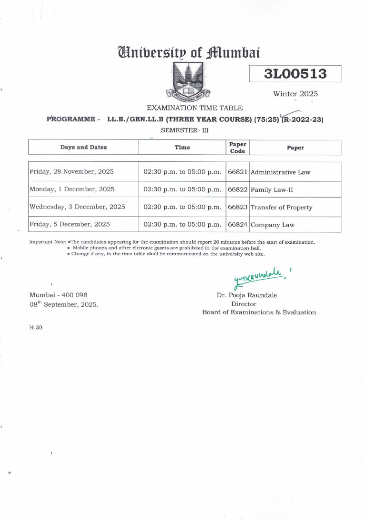 3L00513 LL.B. Winter 2025 Examination Time Table (Sem III) - Studocu