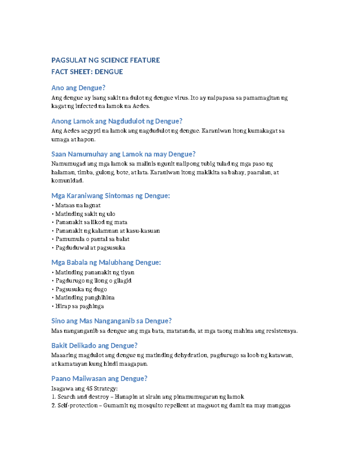 Dengue Fact Sheet: Pagsusuri at Pag-iwas sa Sakit - Studocu