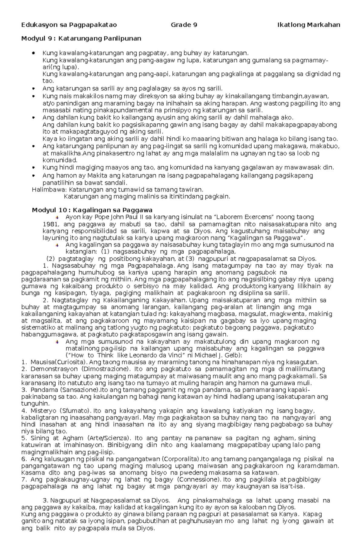 254404566 Reviewer for Edukasyon sa Pagpapakatao Grade 9 Modules - Studocu