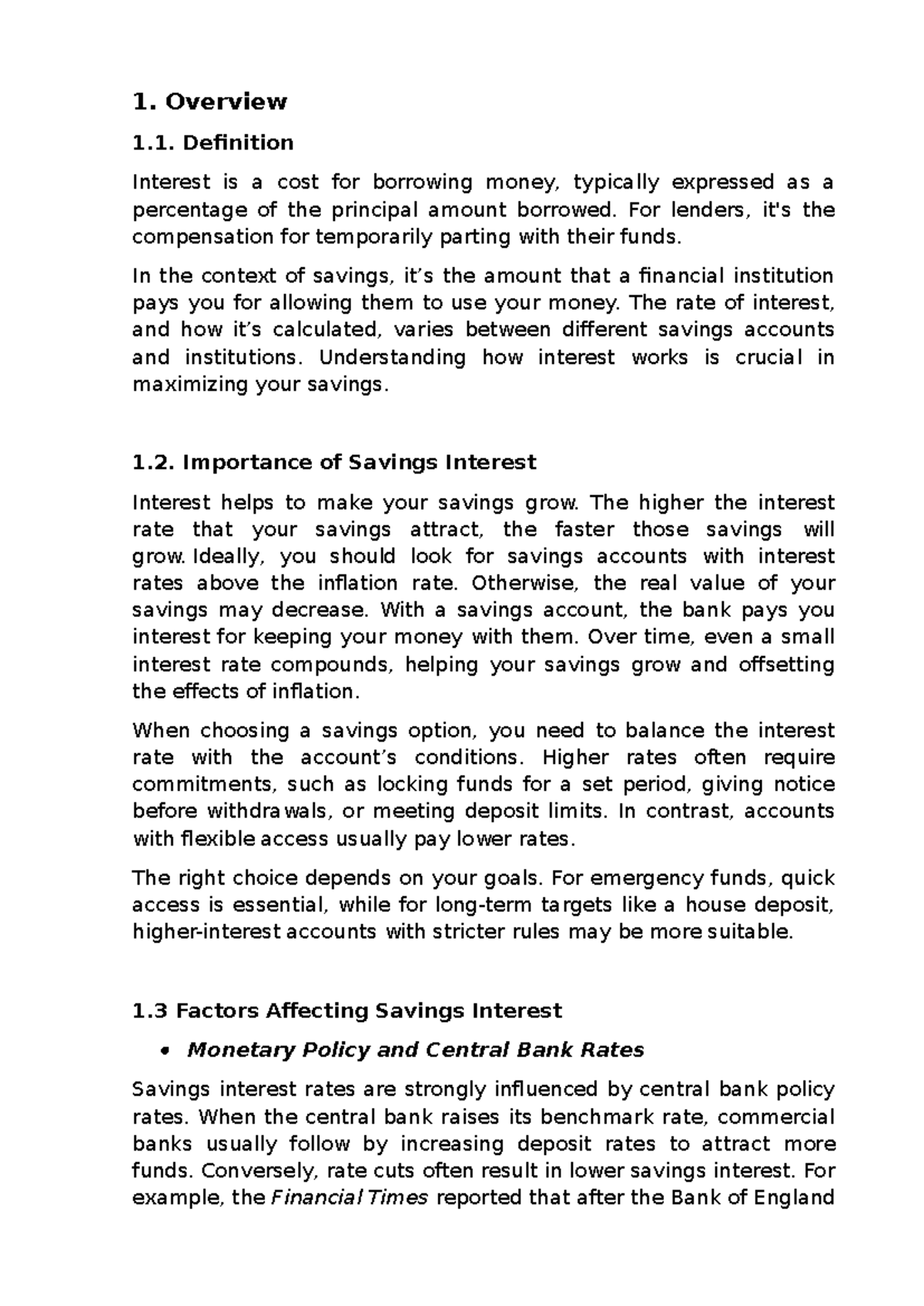 Overview of Interest and Savings Strategies - FIN 101 Report - Studocu