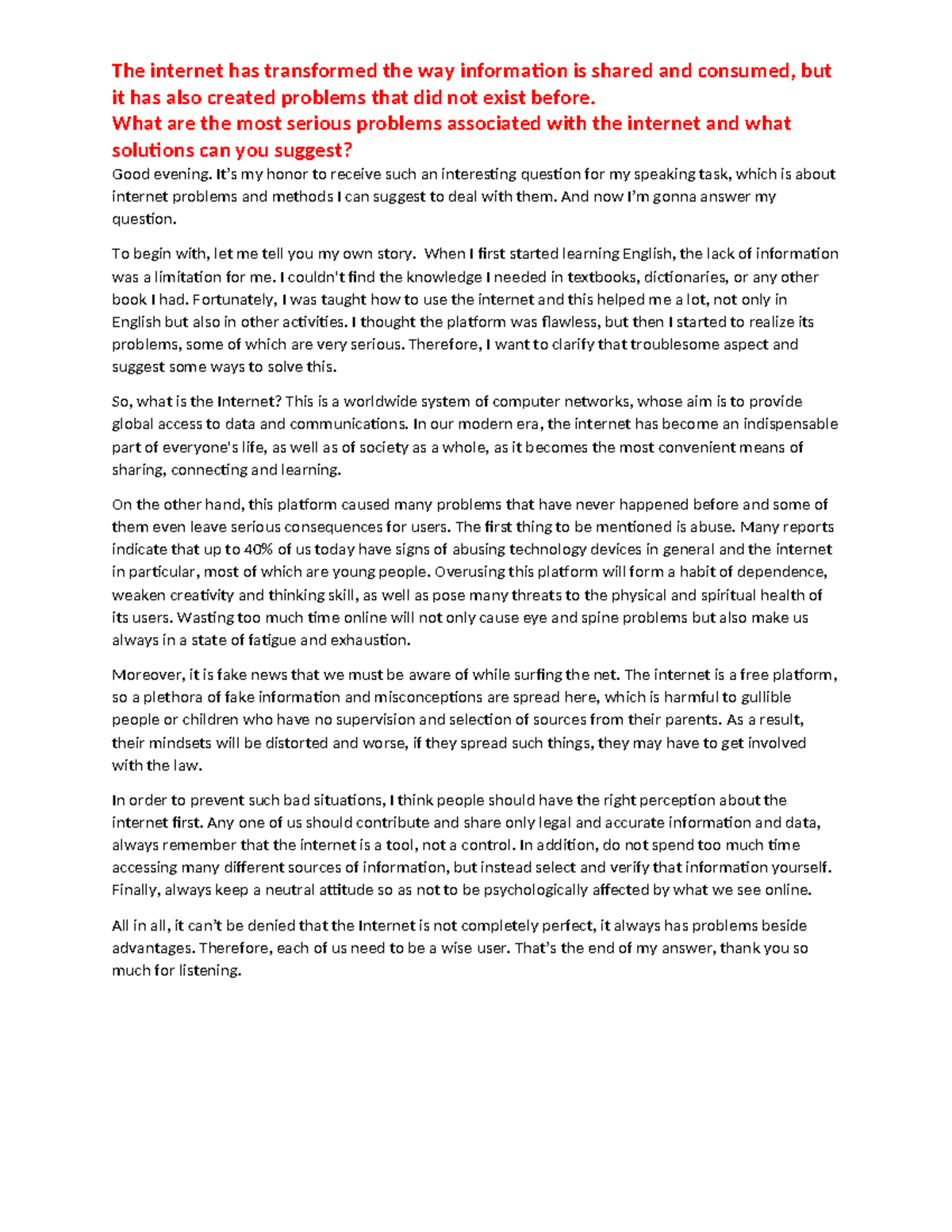 Internet Problems and Suggested Solutions: A Speaking Task Analysis ...