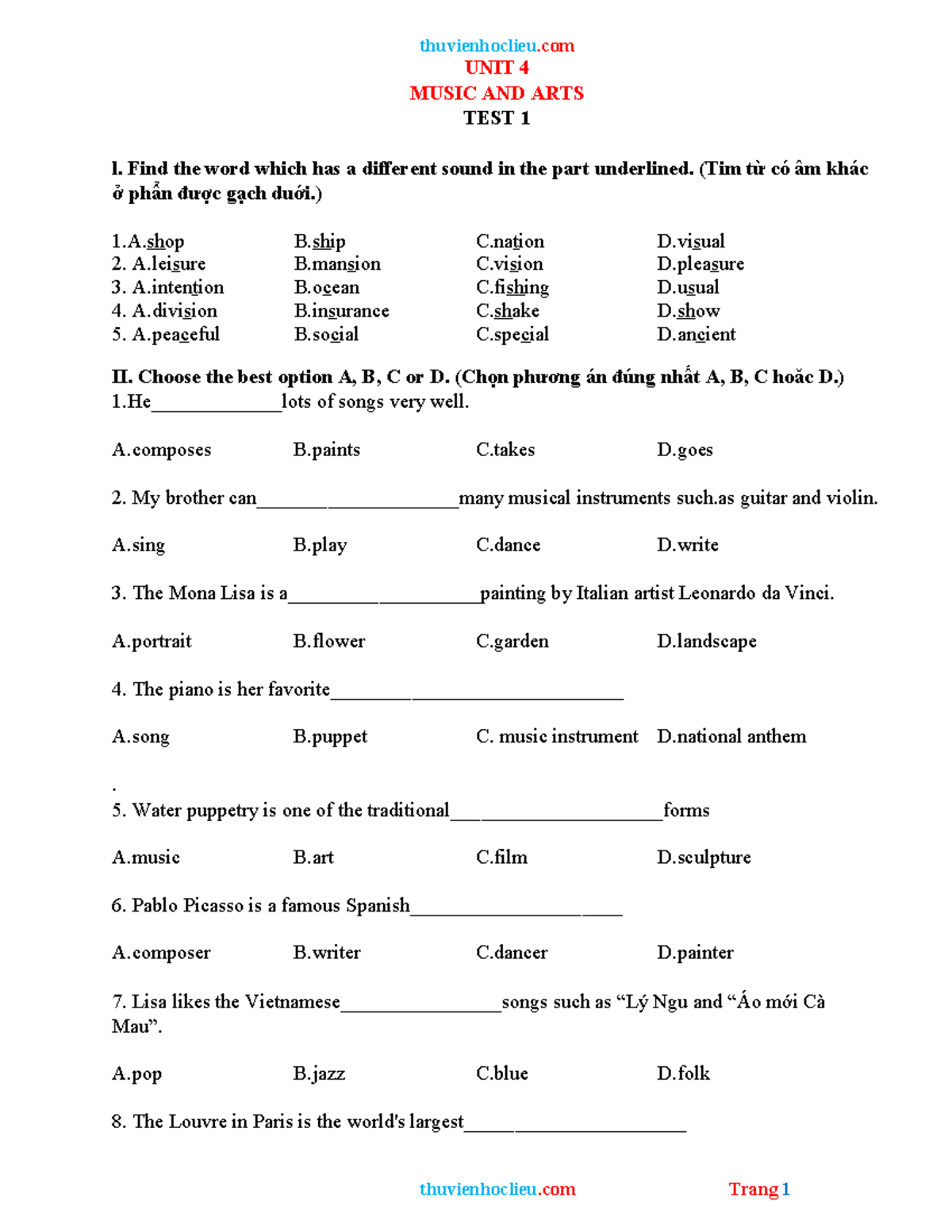 Unit 4 - Music and Arts Test 1: Sound Differences and Preferences - Studocu