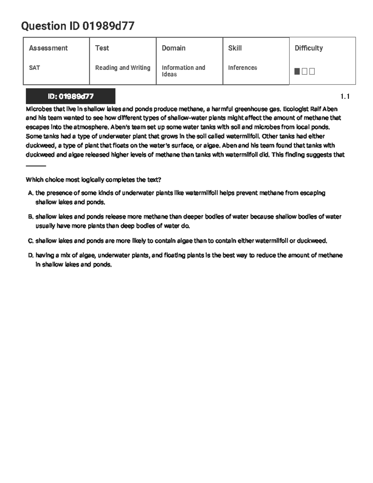 SAT Reading & Writing Inferences Assessment Test: Document 1 - Studocu