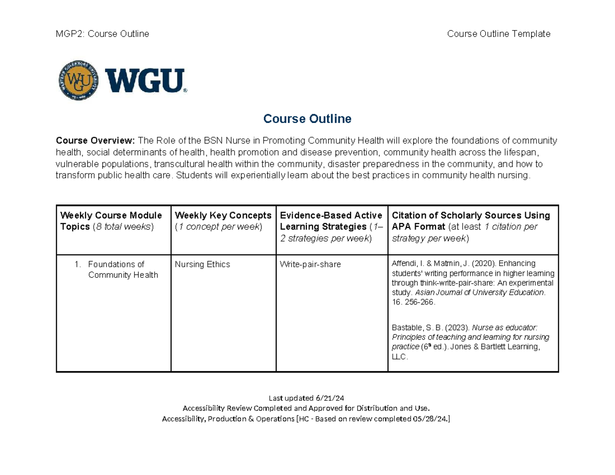 C919: Community Health Course Outline and Weekly Topics - Studocu