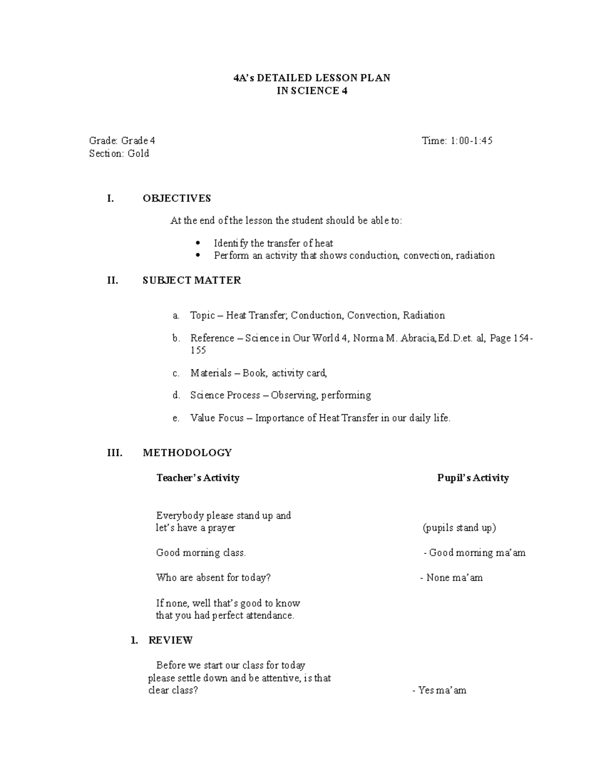 4AS DINA - Detailed Lesson Plan on Heat Transfer in Science 4 - Studocu