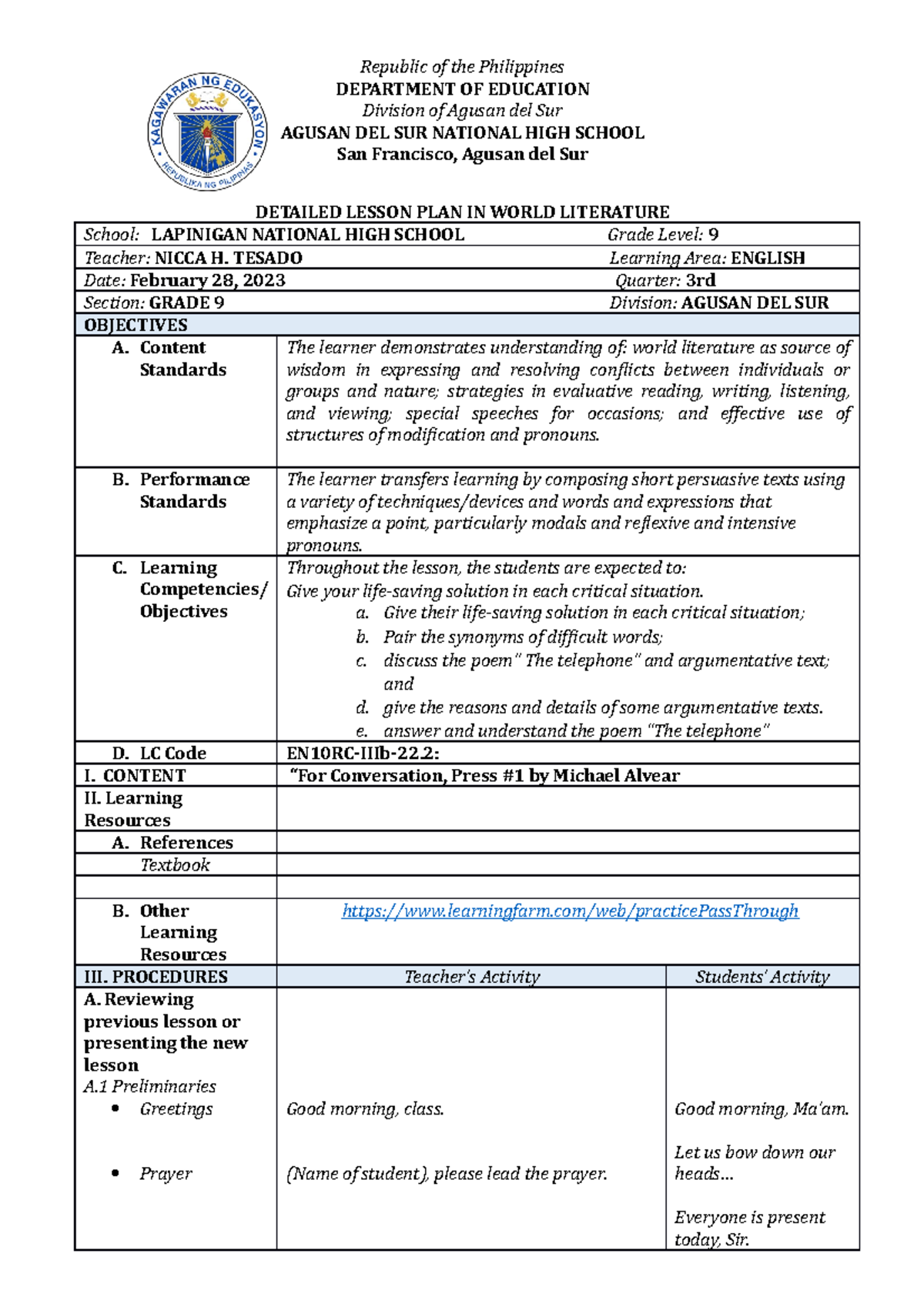 Grade 9 Lesson Plan: World Literature - The Telephone by Michael Alvear ...